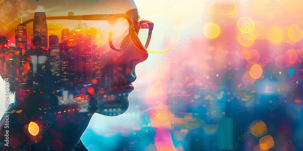 Banker with glasses, close up, focus on, lively colors, double exposure ...