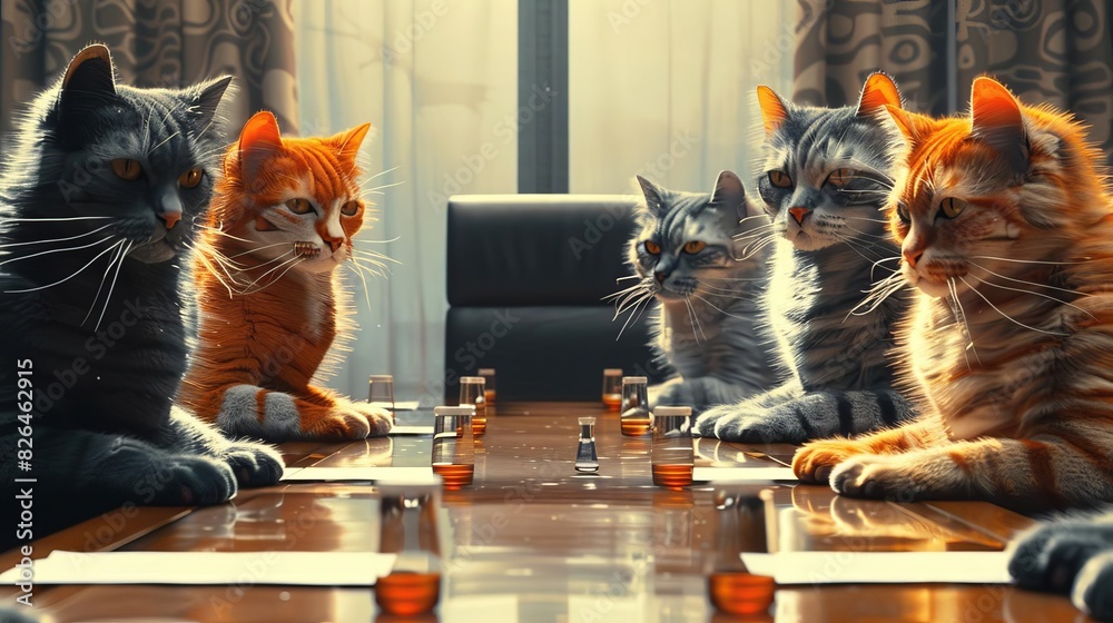 a group of cats sitting around a conference table engaged in a serious ...