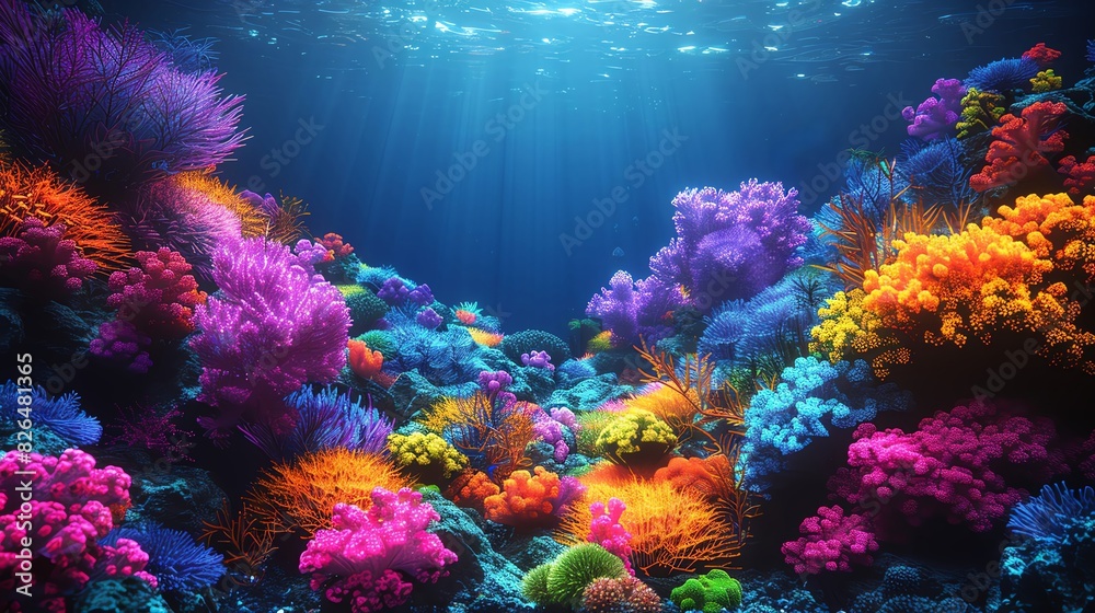 Neon glow background, underwater scene, glowing marine life, bright ...