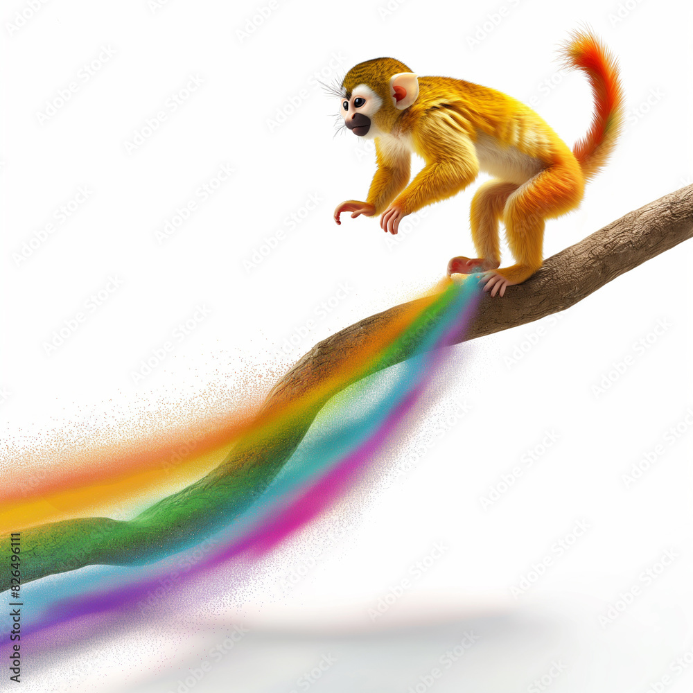 24 - Show a 3D squirrel monkey leaping between branches with a rainbow ...