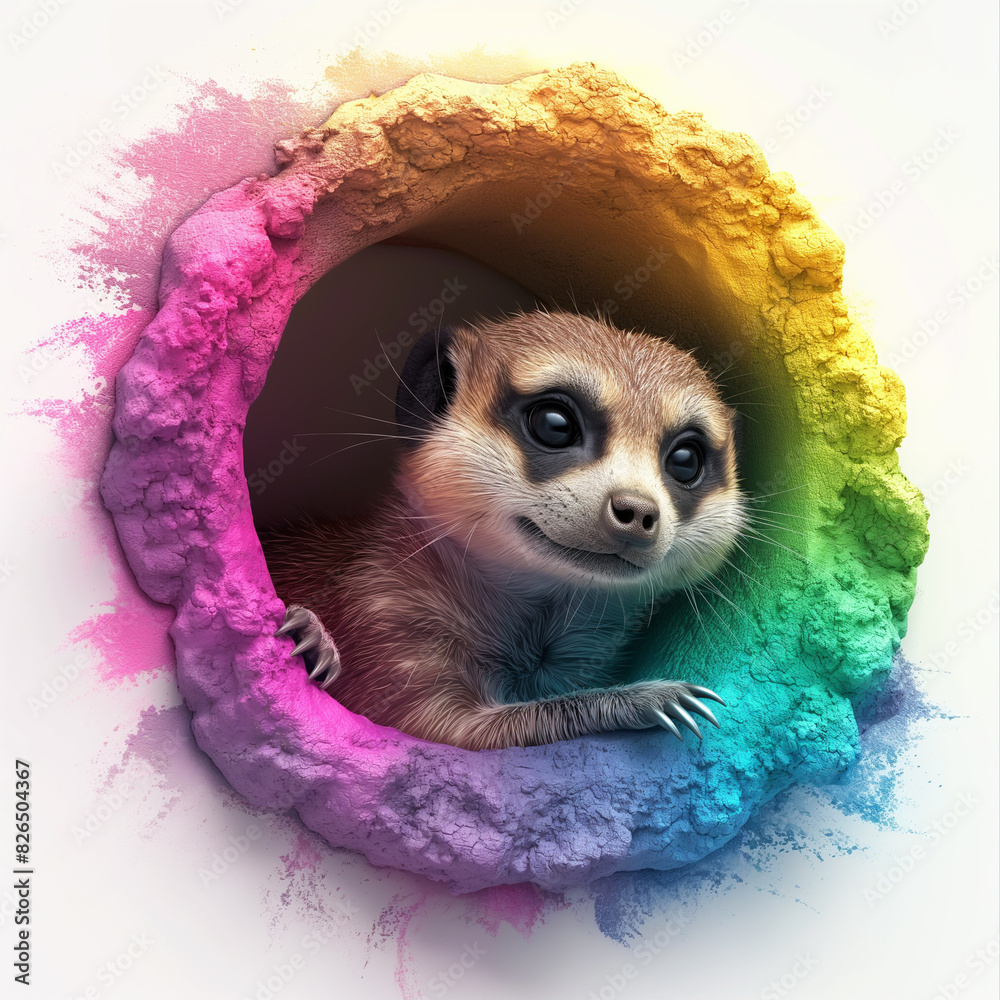 20 - Show a 3D meerkat peeking out of a rainbow-colored burrow, looking ...