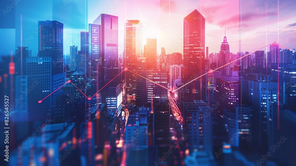 Tall buildings rising with an upward arrow close up, focus on, copy ...