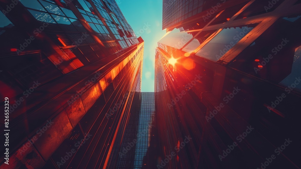 Tall buildings rising with an upward arrow close up, focus on, copy ...