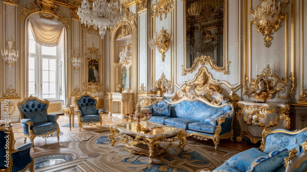 Elegant Rococo-Inspired Living Room: Blue and Gold Color Scheme with ...