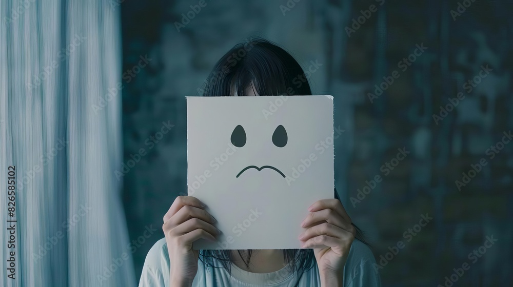 emotional woman hiding face behind white paper with sad sign mental ...