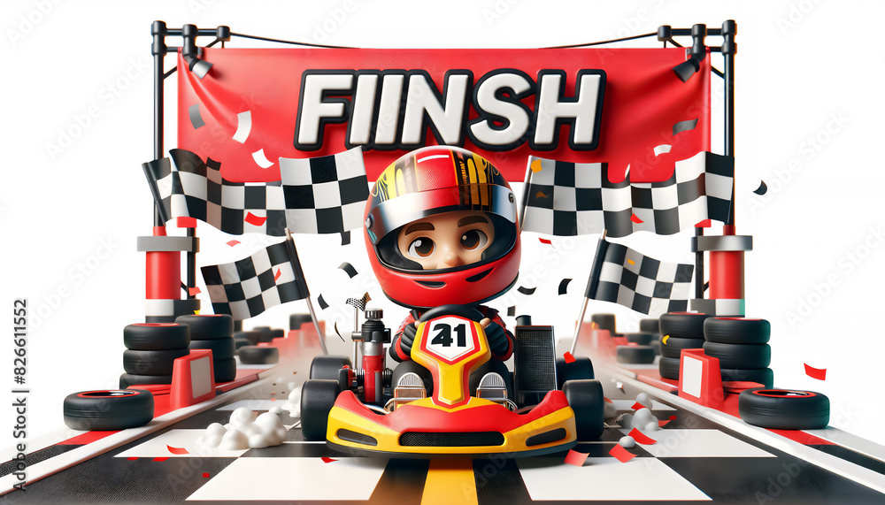 3D Animated Character: Victorious Go-Kart Driver Reaching Finish Line ...