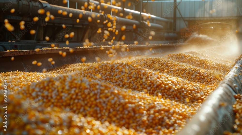 Corn kernels cascade through a conveyor system in a factory, with ...