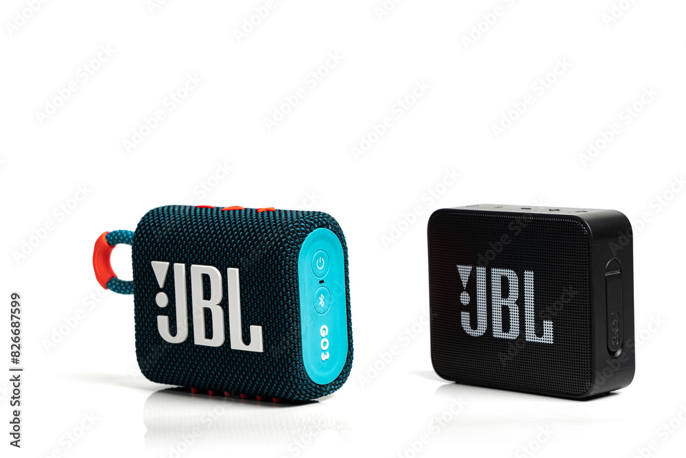 Lyon, France - February 6, 2024: Concept image of two JBL Bluetooth ...