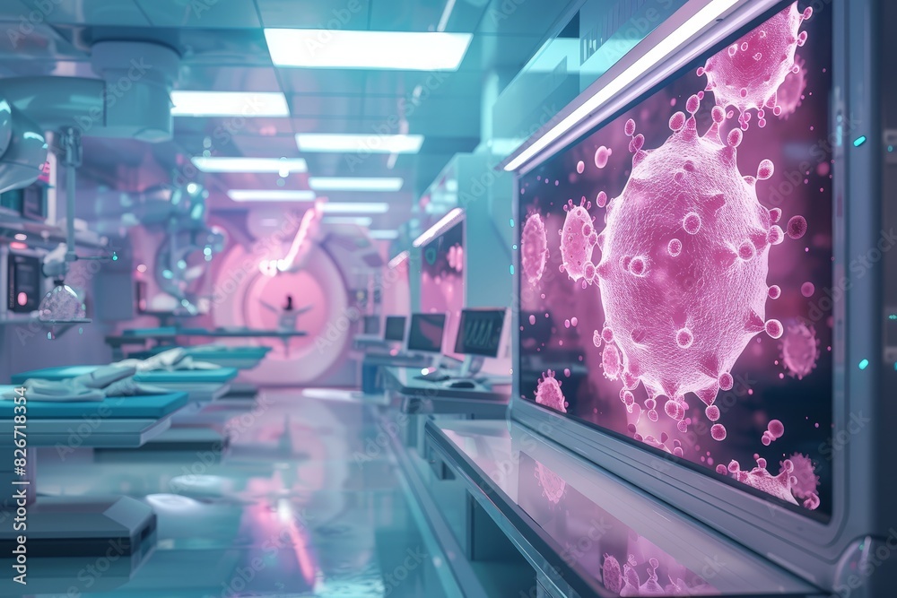 Clinical lab environment showcasing a poster of pink cancer cells and ...
