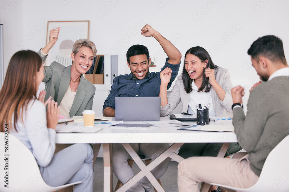 Celebration, laptop and success with business people in modern office ...