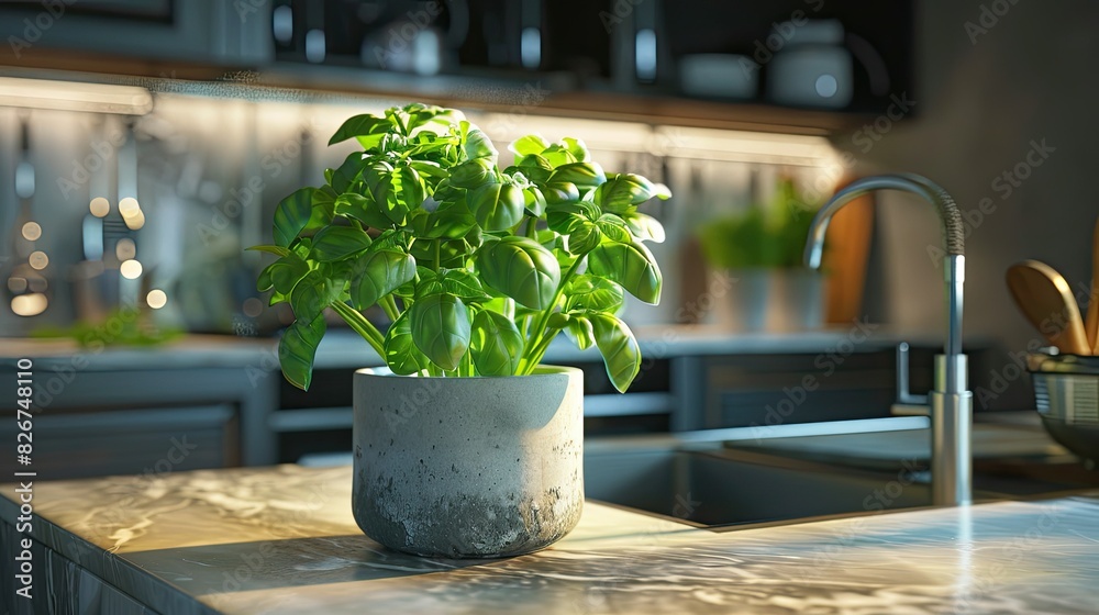 Small pot of basil or mint on kitchen counter, food photography style ...