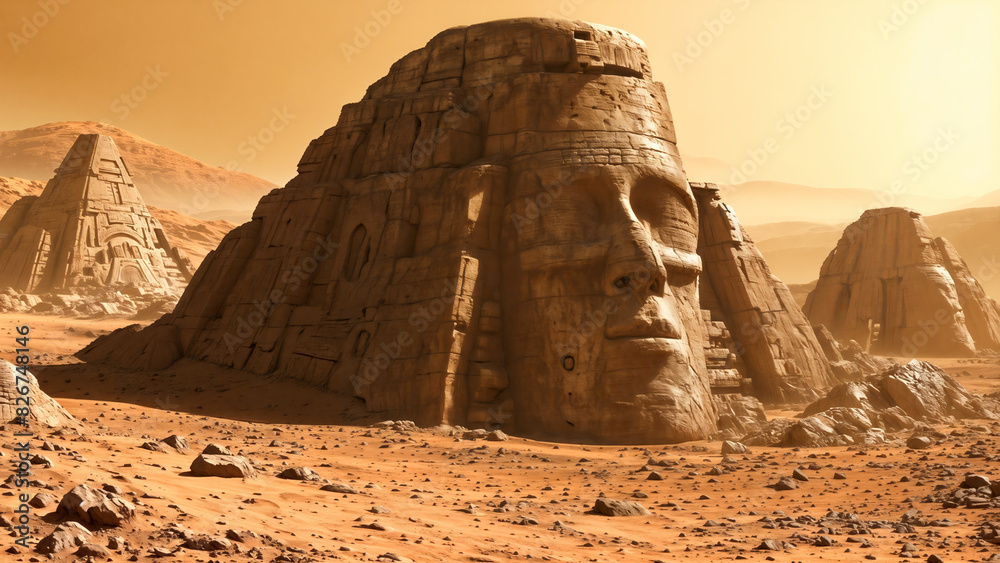 Ruins of ancient alien city on Mars, desolate Martian desert with ...