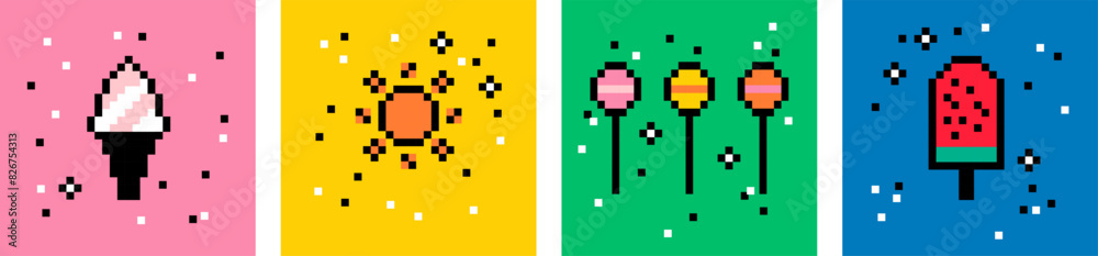 Pixel art cute summer party icon set. Ice cream, candy, sun. Summer ...
