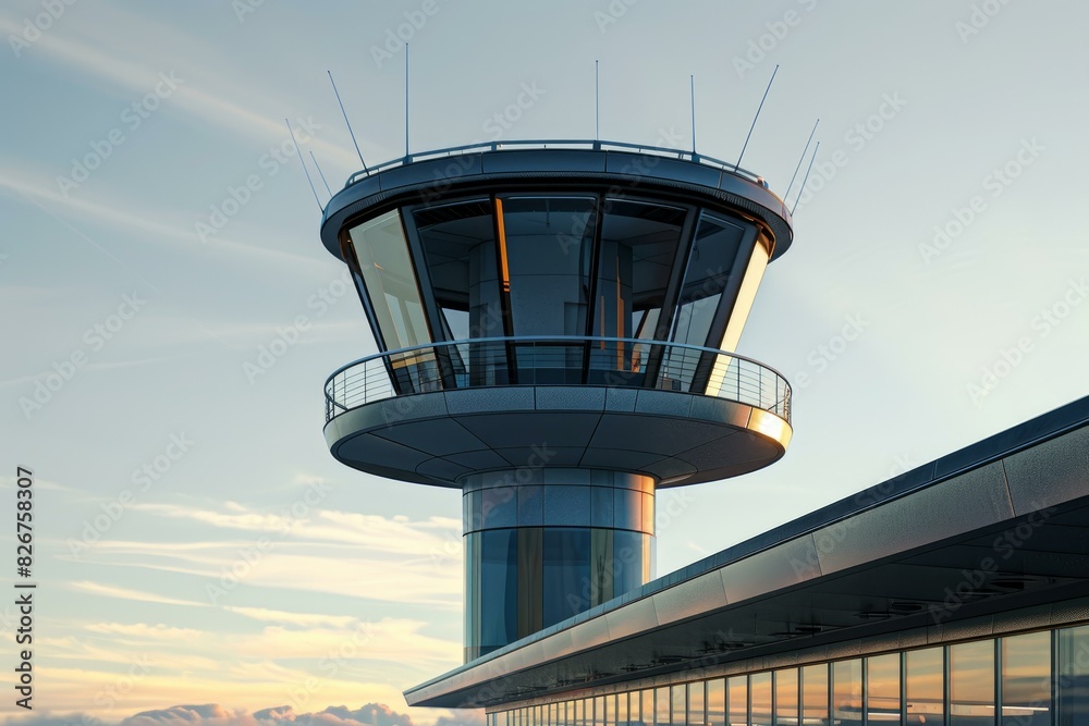 Air traffic control tower stands against a vibrant sunset sky ...