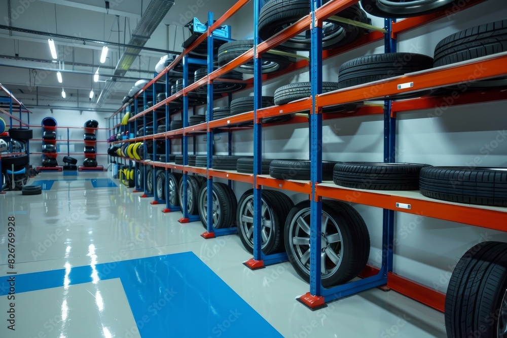 Bright and organized modern tire warehouse interior with stacked racks ...