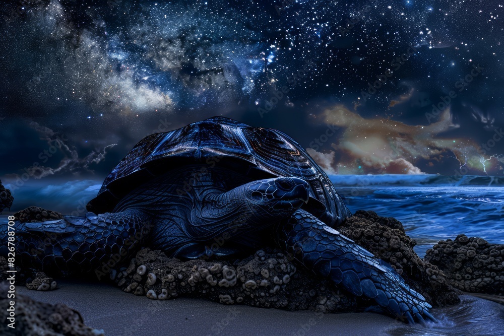 Large turtle resting on sandy beach under clear, starry night sky, detailed texture of its shell ...