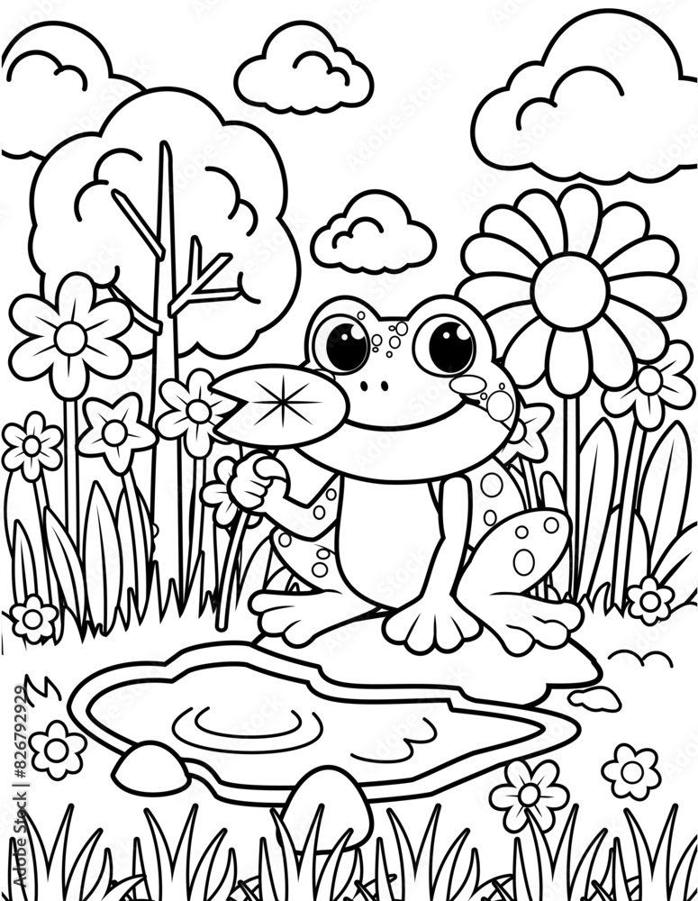 Cute frog coloring page for kids, spring coloring pages for kids Stock ...