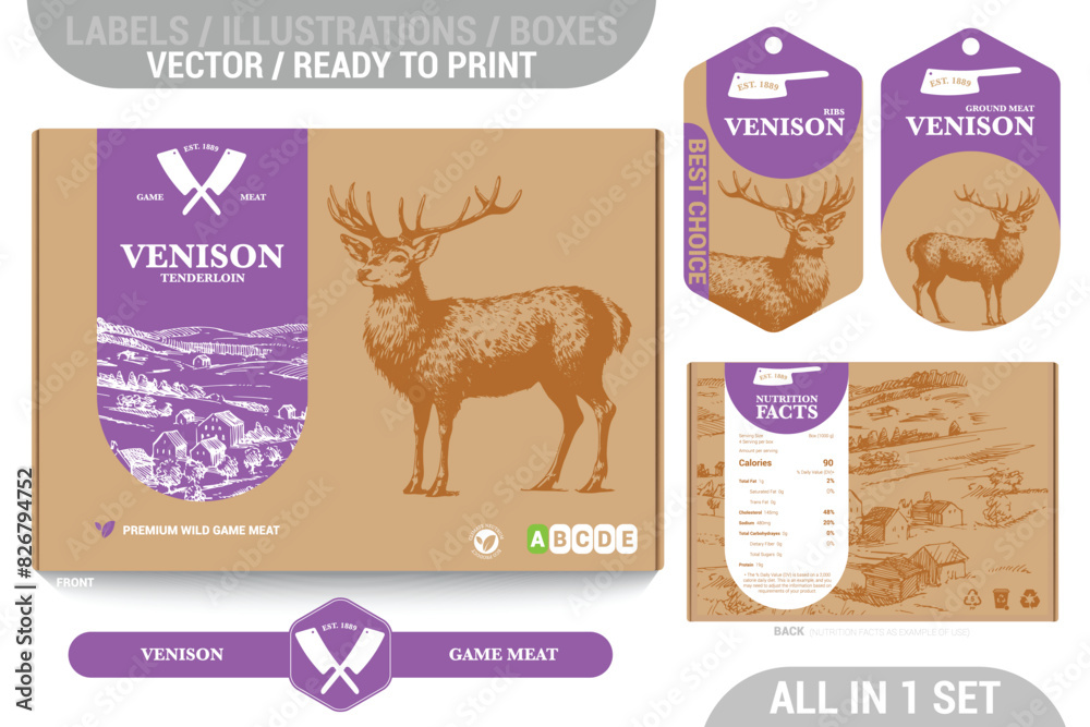 Venison game meat packaging design set featuring detailed hand drawn ...