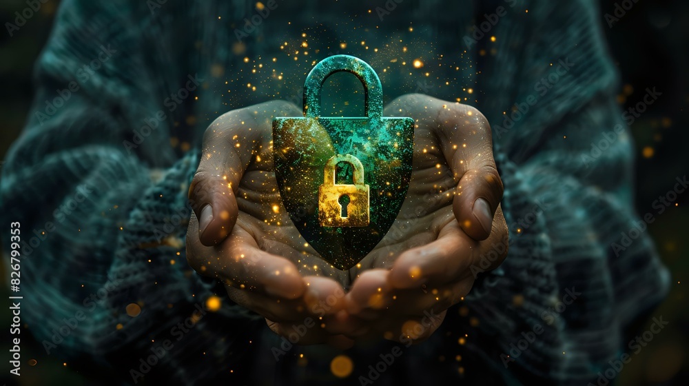 Hands holding a glowing lock icon inside a shield, symbolizing security ...