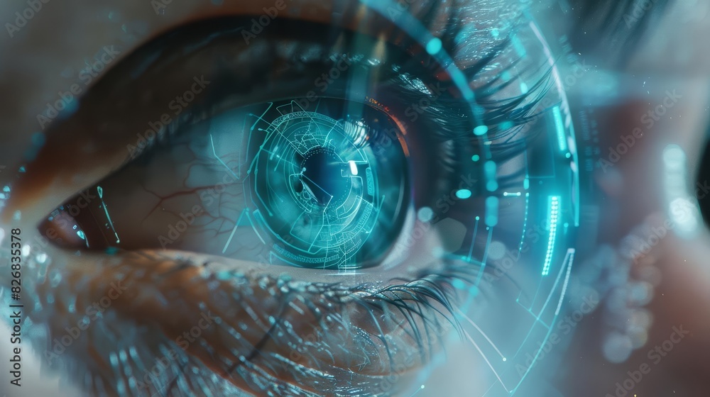 An ophthalmologist is examining a patients eye, with a hitech HUD ...