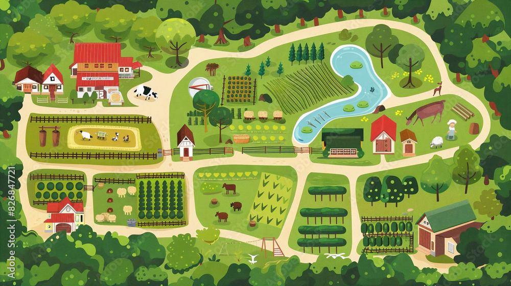 cute style cartoon map of the farm, simple lines, green background ...