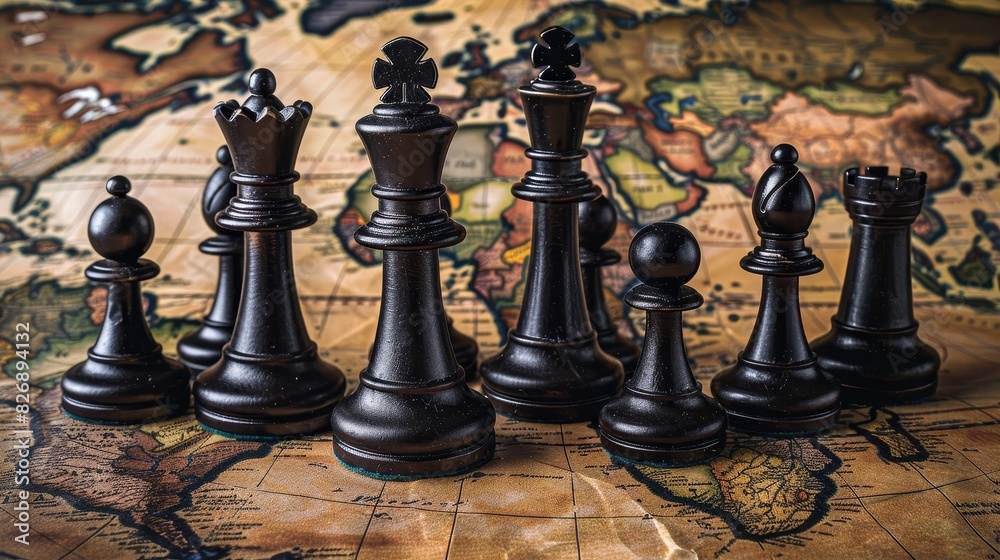 Chess pieces on vintage world map - Close-up of black chess pieces on a ...