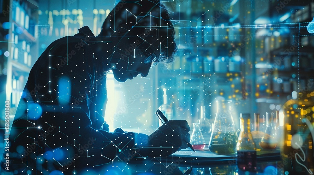 Double exposure of a scientist writing in a lab notebook, overlaid with ...