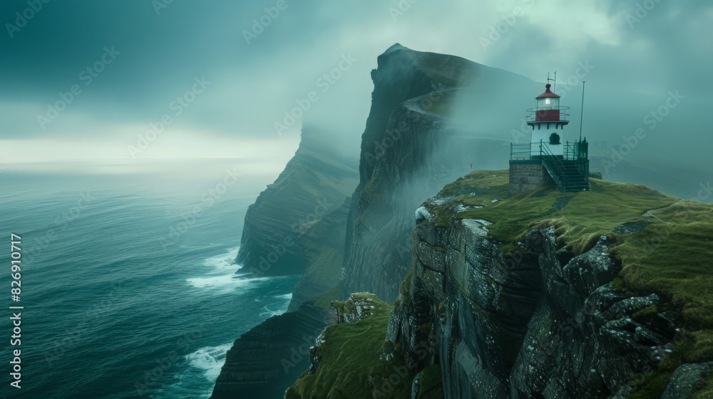 Atop Mykines Holmur, the lighthouse overlooks the dramatic cliffs and ...