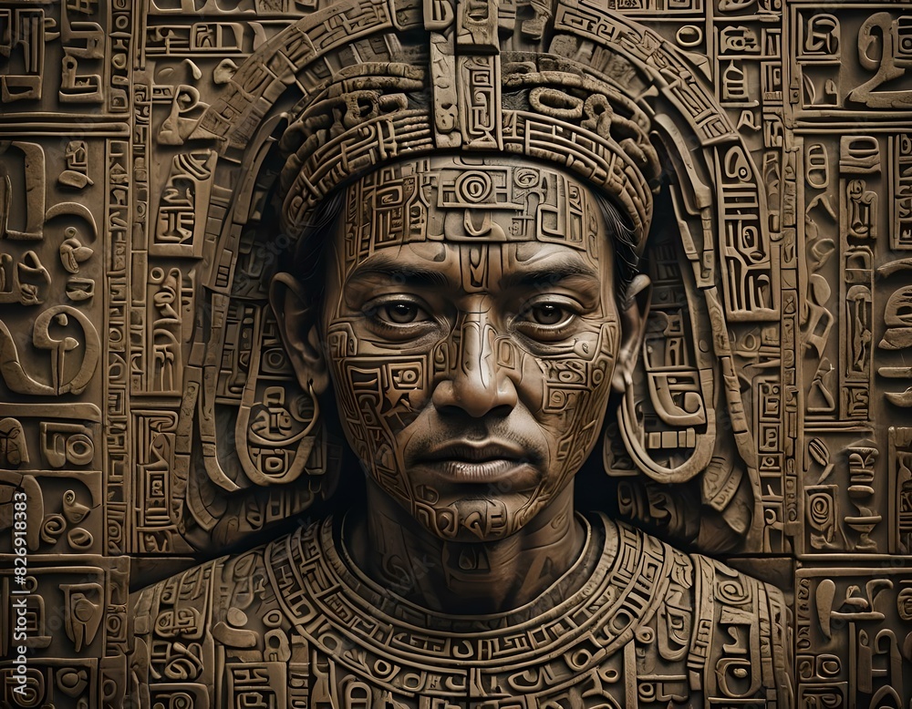 illustration of ancient Egyptian model with hieroglyphs in relief ...