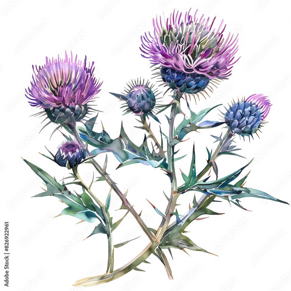 A beautiful watercolor painting of a thistle. The thistle is a symbol ...