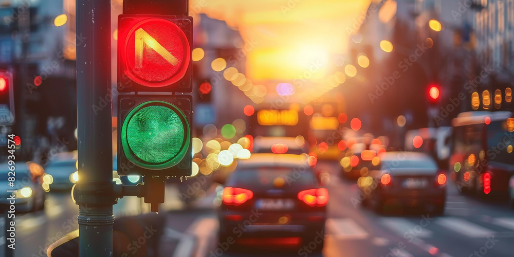 Urban traffic light with red and green signals against a cityscape background during sunset ...