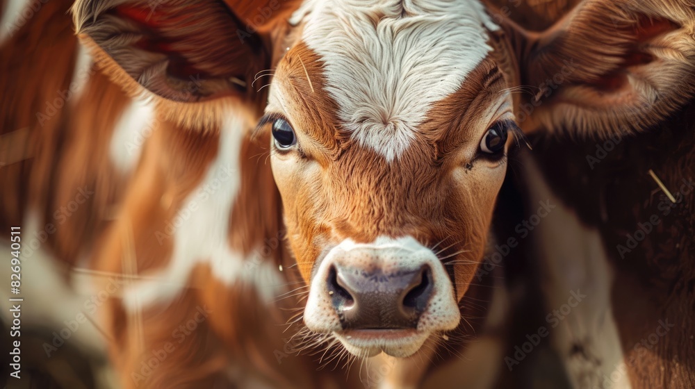 Calf standing beside its mother s udder Adorable young cow with large ...