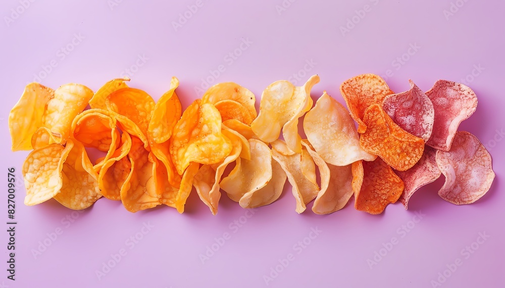 Colorful variety of vegetable chips arranged in a row on a vibrant ...