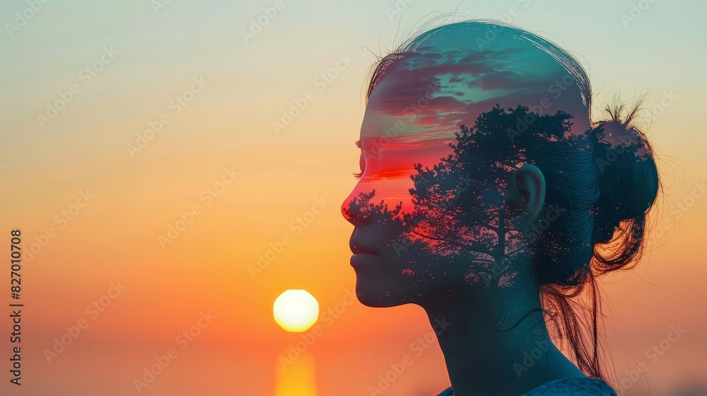 Generate a photo of a woman at peace with nature with the colors of the ...