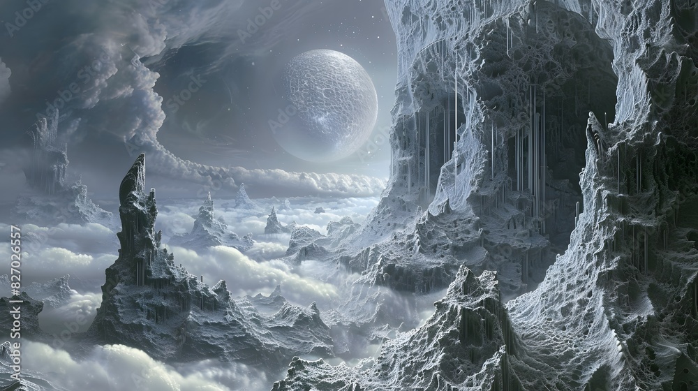 Delve into the enigmatic depths of an otherworldly landscape, where ...