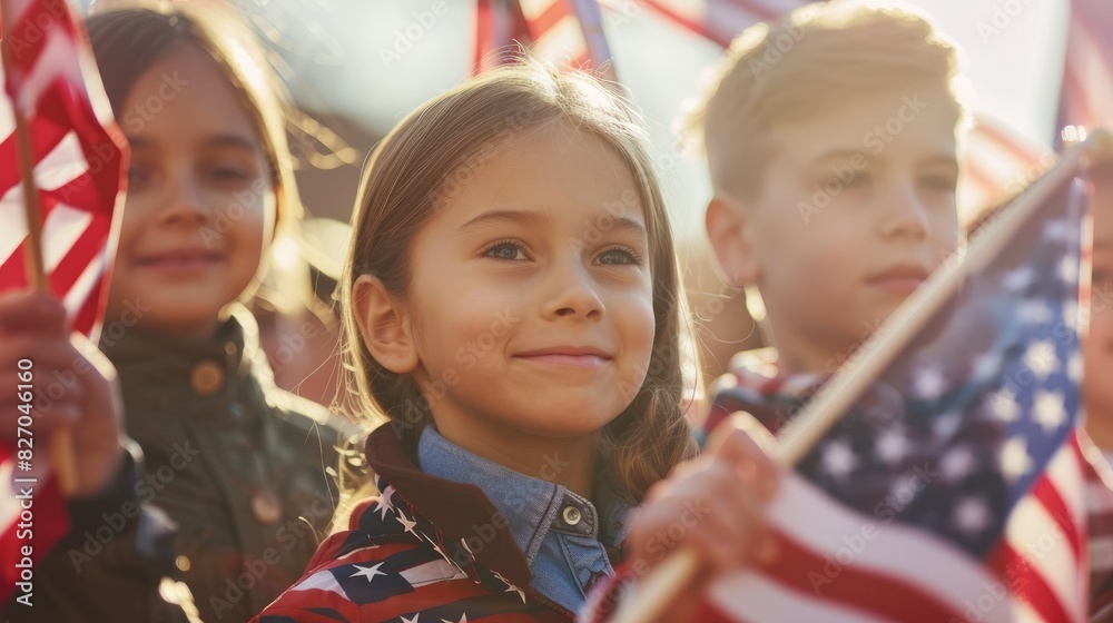 Children waving American flags during a patriotic parade, their ...