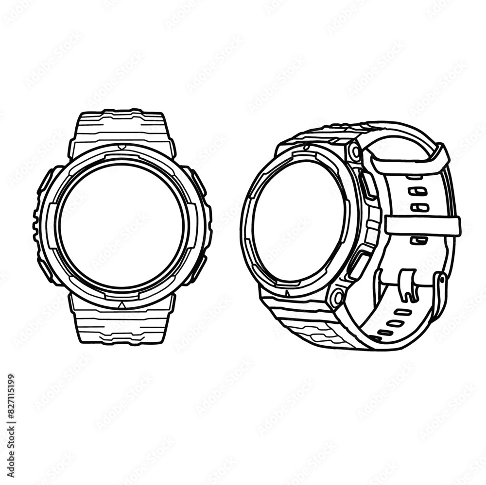 Vector illustration of smartwatch hand drawn sketch line art, front and ...