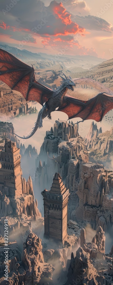 Illustrating a mythical dragon soaring above ancient mountains in a ...