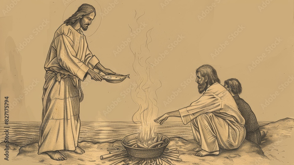 Jesus at Sea of Tiberias After Resurrection, Cooking Fish on Fire for ...