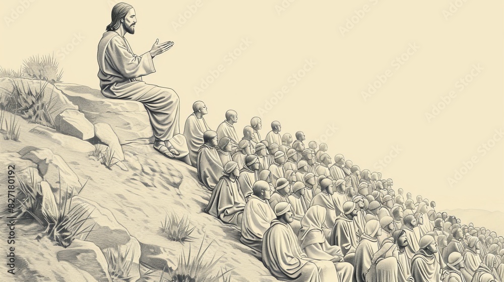 Biblical Illustration of Sermon on the Mount, Jesus Teaching Beatitudes ...