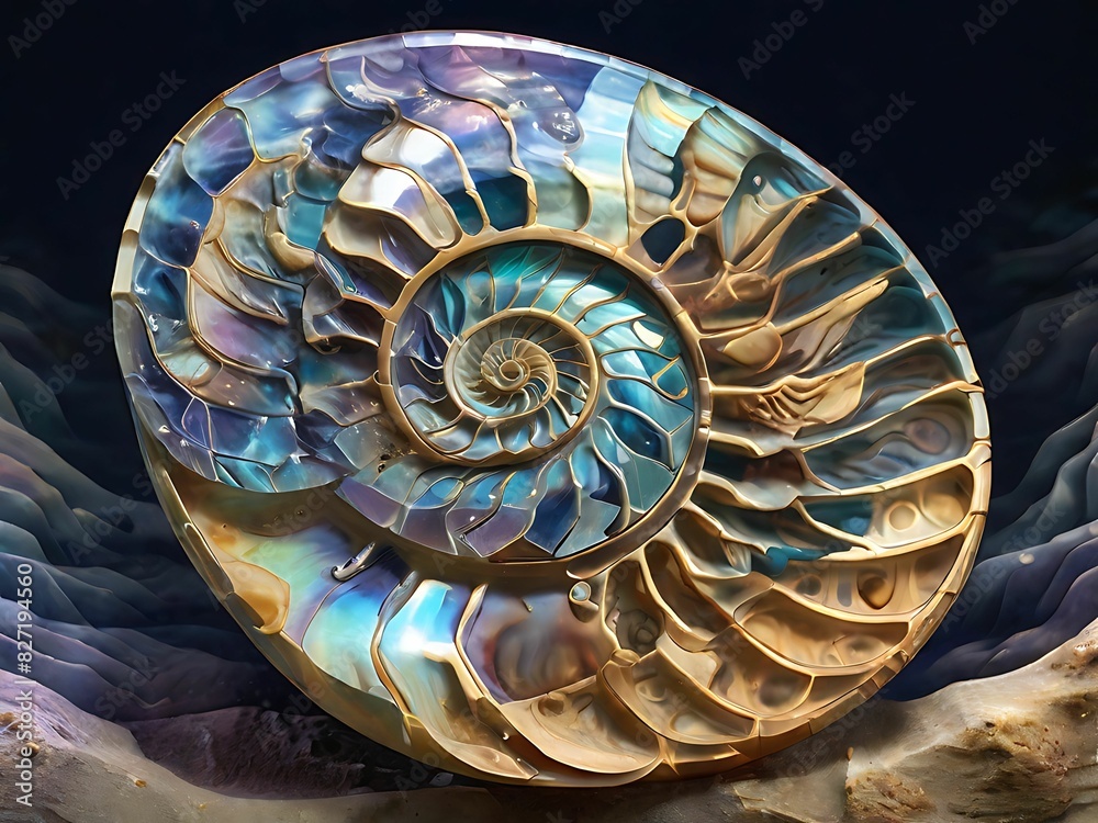 Create a holographic representation of an ammonite fossil, abstracted ...