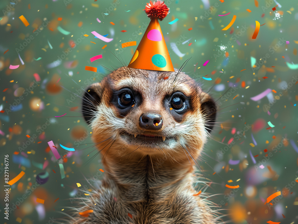 Cute meerkat wearing a party hat with confetti background, celebrating ...