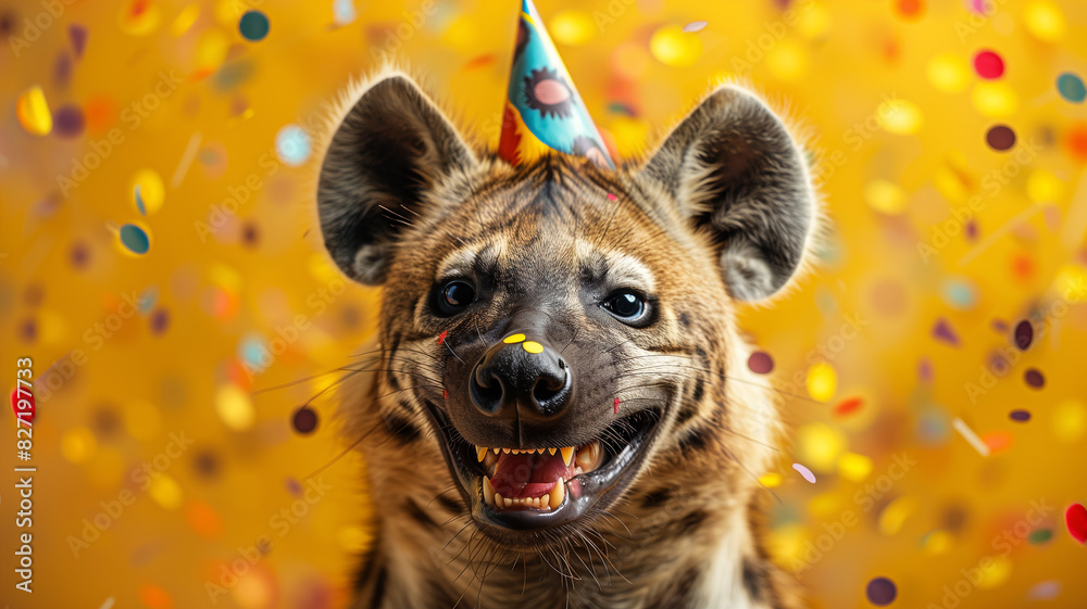 Playful hyena wearing a party hat with a confetti background ...