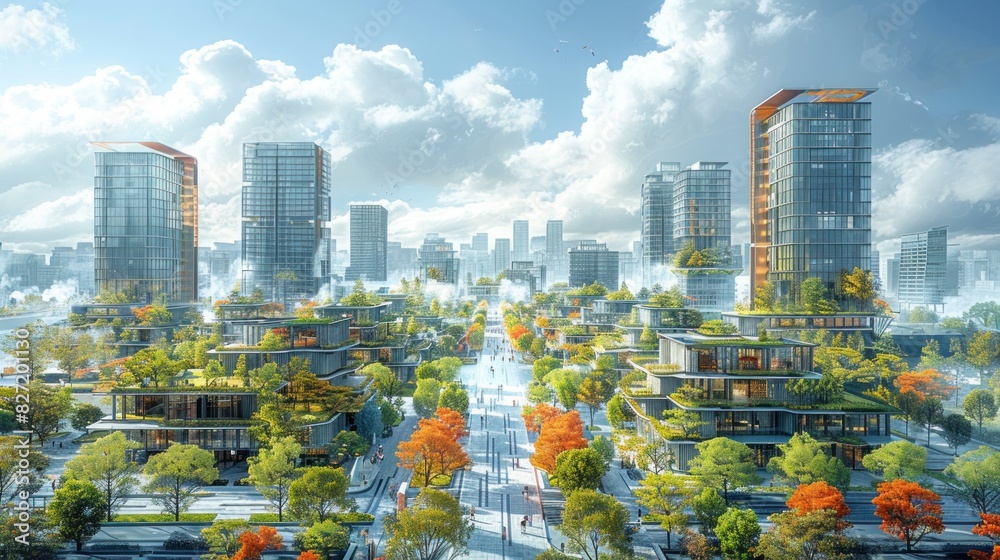 Illustrate a blank style mock-up of a pedestrian-friendly city with ...
