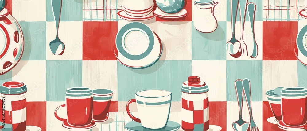 Retro diner wallpaper, classic 50s motifs in red, white, and turquoise ...