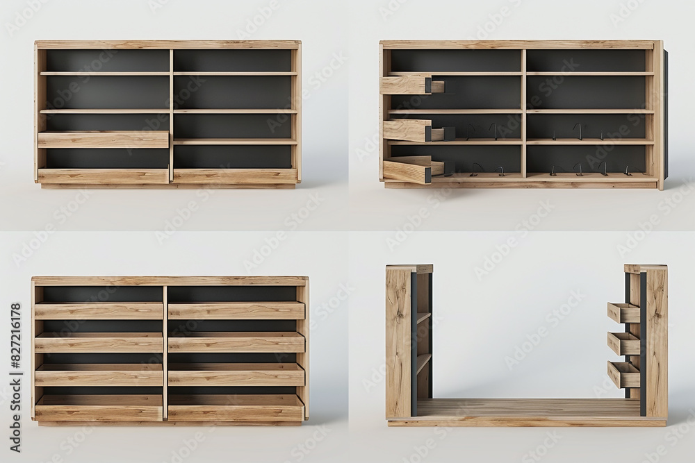 Realistic 3D render of a modern, blank shoe rack in multiple camera ...