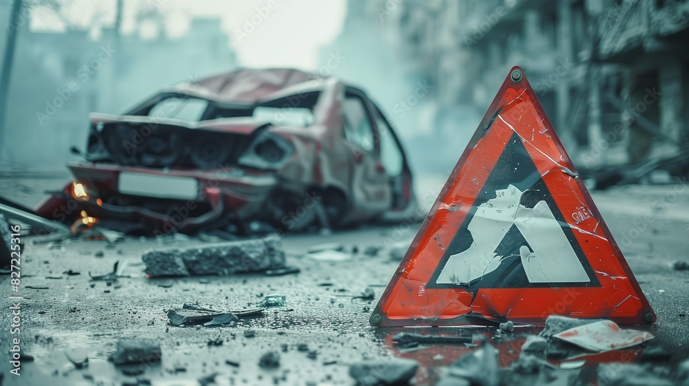 Against the background of scattered car parts, a triangular warning ...