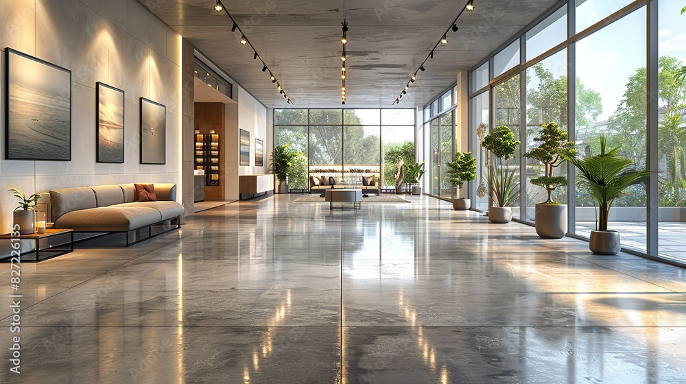 A modern, empty retail space with polished concrete floors, large ...
