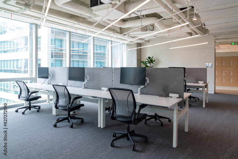Interior of modern empty office building.Open ceiling design.Equipped ...
