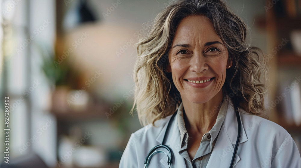 Middle-aged female clinician smiling while using telehealth technology ...